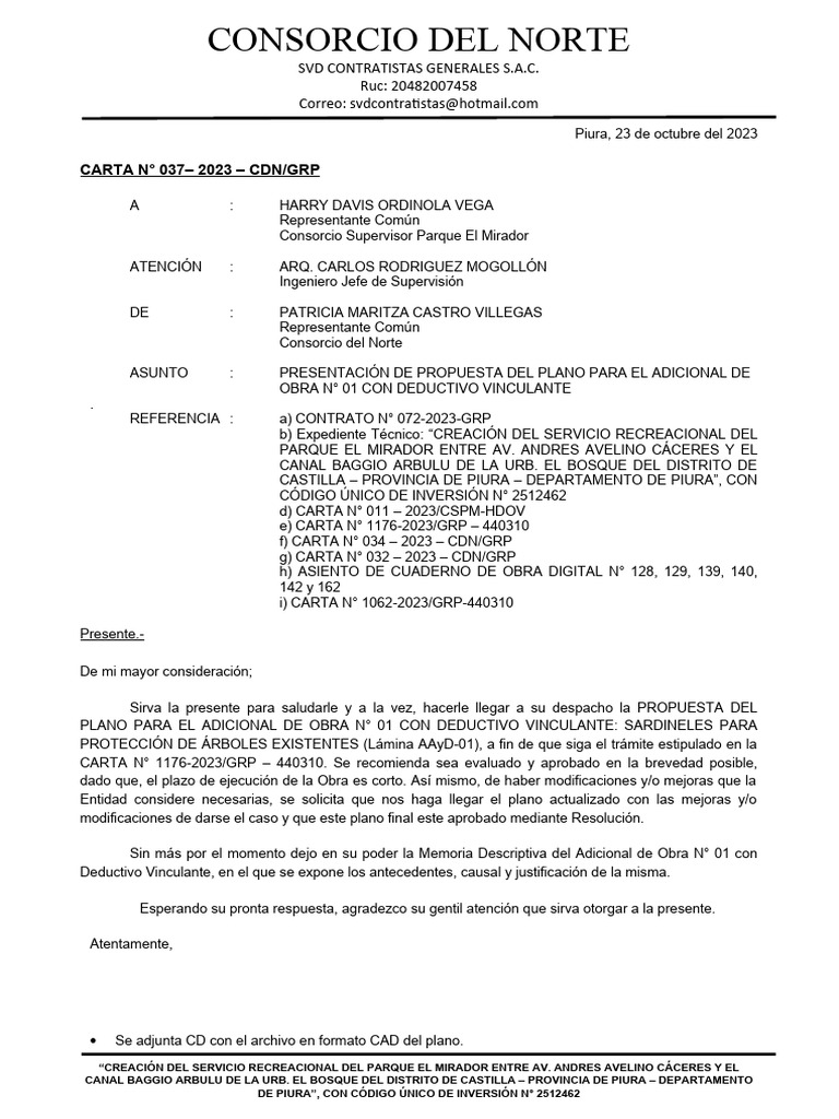 Carta #037 - Presentación de Propuesta de Planos para Adicional de Obra #01 | PDF | Derecho ...