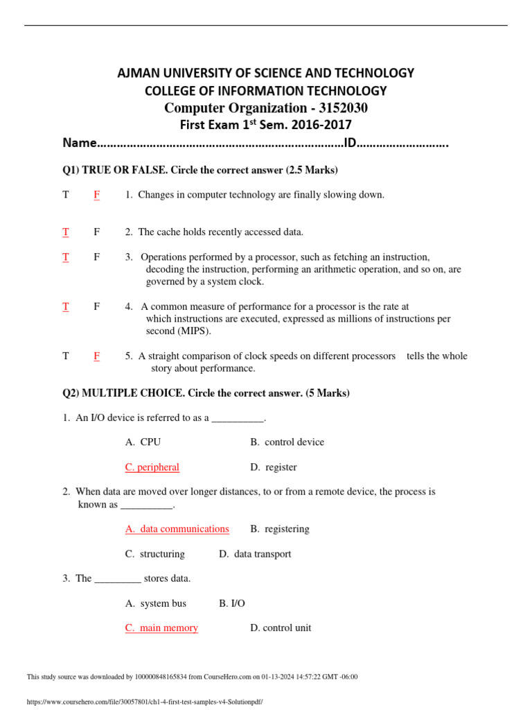 ch1 4 First Test Samples v4 Solution PDF | PDF | Central Processing ...