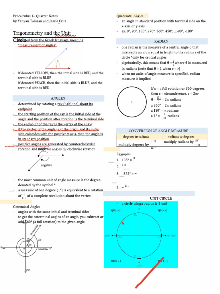 Precalc 1ST Quarter Notes | PDF | Angle | Circle Precalc 1ST Quarter Notes | PDF | Angle | Circle