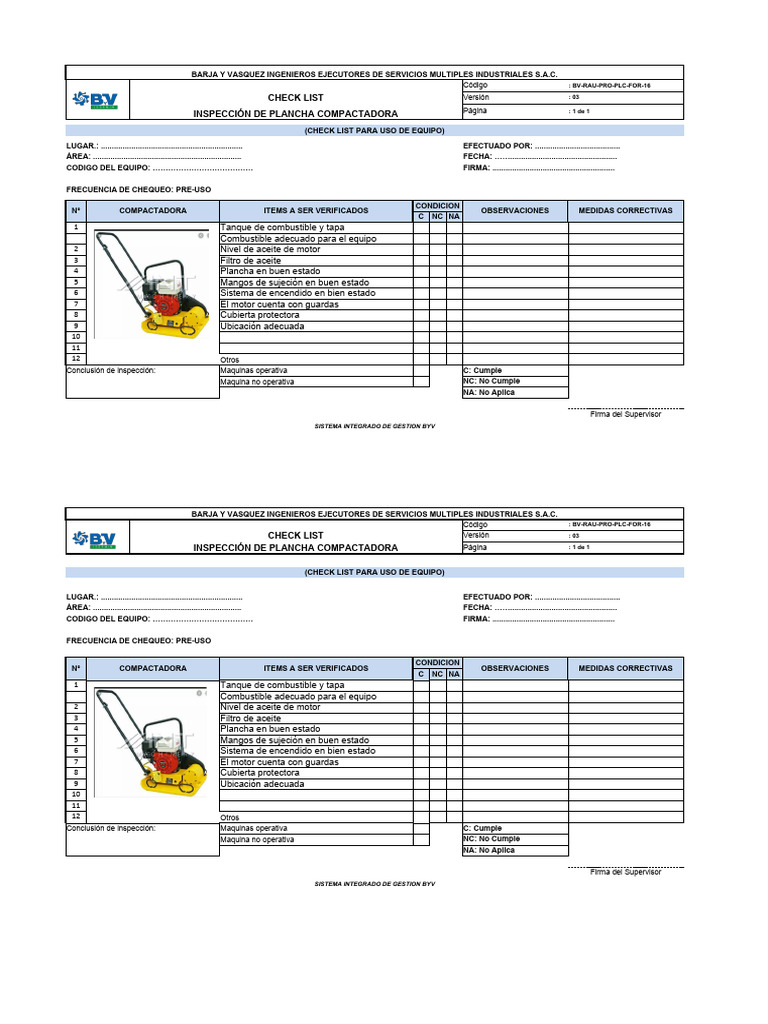 Bv-Rau-Sso-Plc-For-16 Check List de Inspección de Plancha Compactadora ...