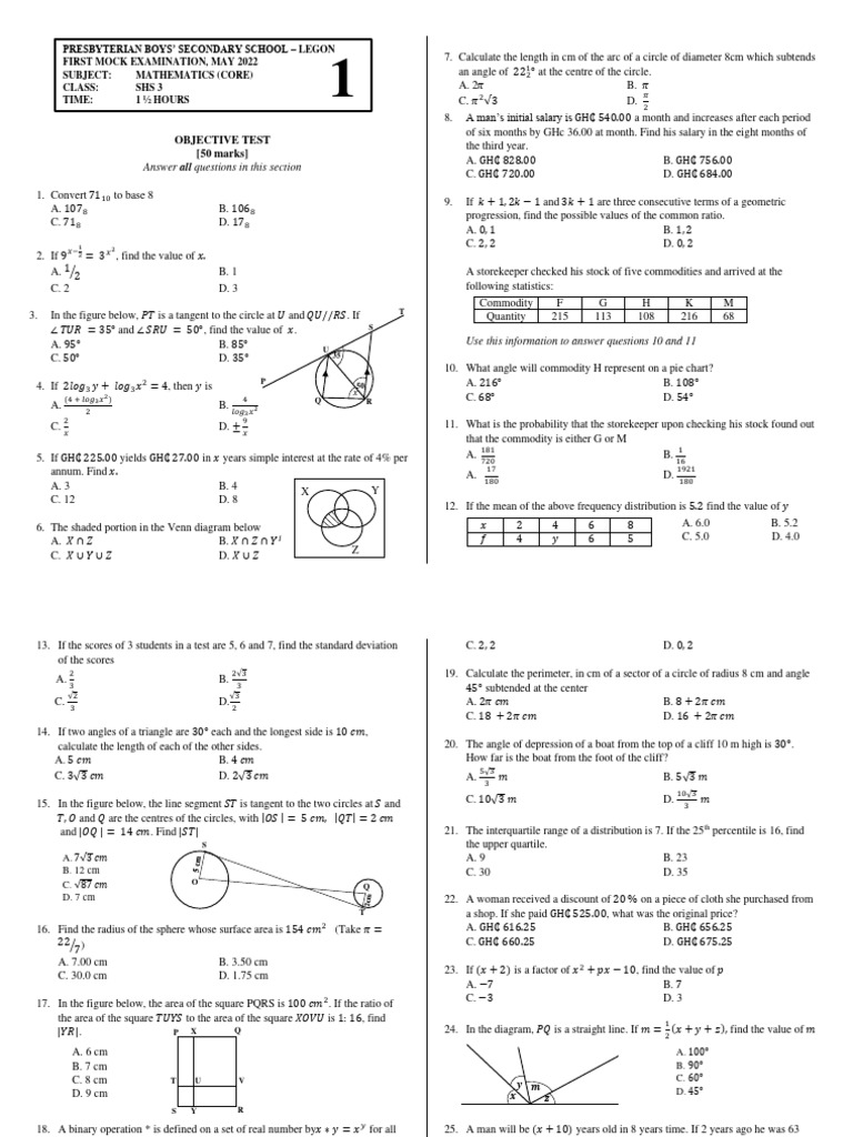 Presec Coremaths Mock Objectives 2022 | PDF