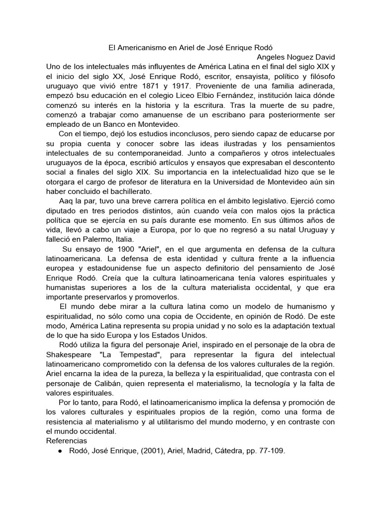 El Americanismo en Ariel de José Enrique Rodó | PDF | Clásicos