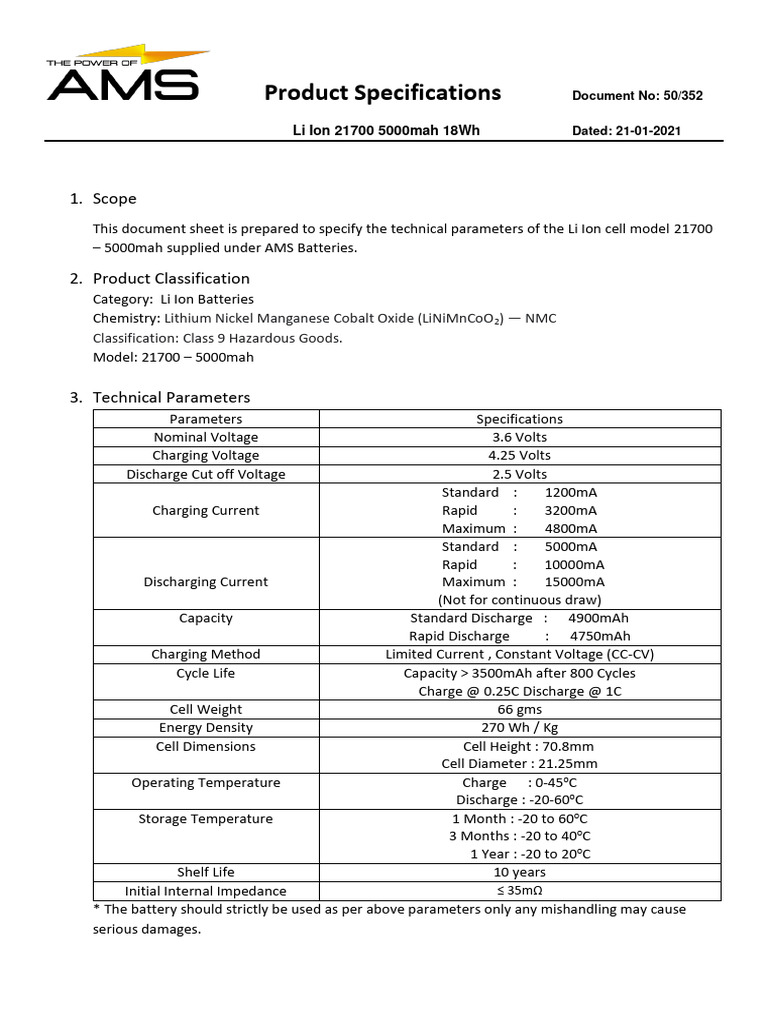 21700 NMC Cell Specifications | PDF | Lithium Ion Battery | Electricity