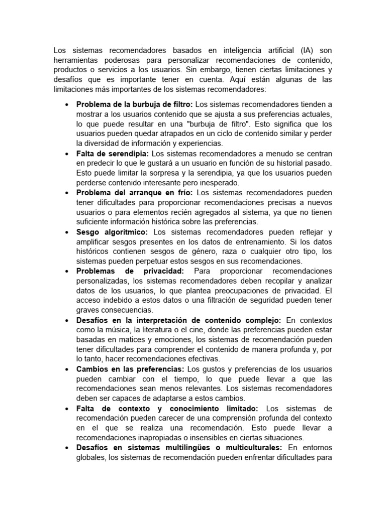 Limitaciones de Los Sistemas Recomendadores | PDF | Inteligencia ...