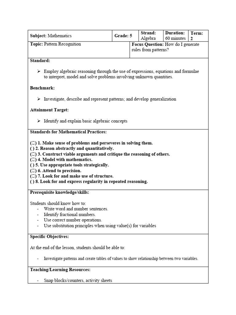 5th Grade Algebra: Pattern Recognition | PDF | Mathematics | Variable ...