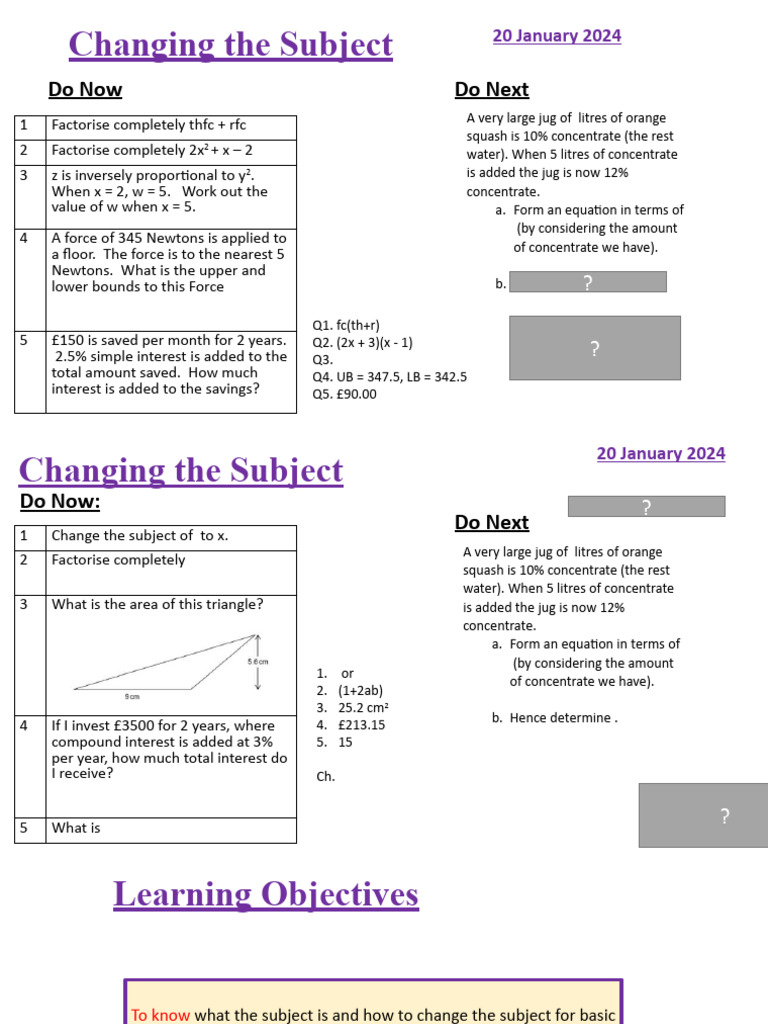 L5 Changing The Subject PJE | PDF | Elementary Mathematics ...