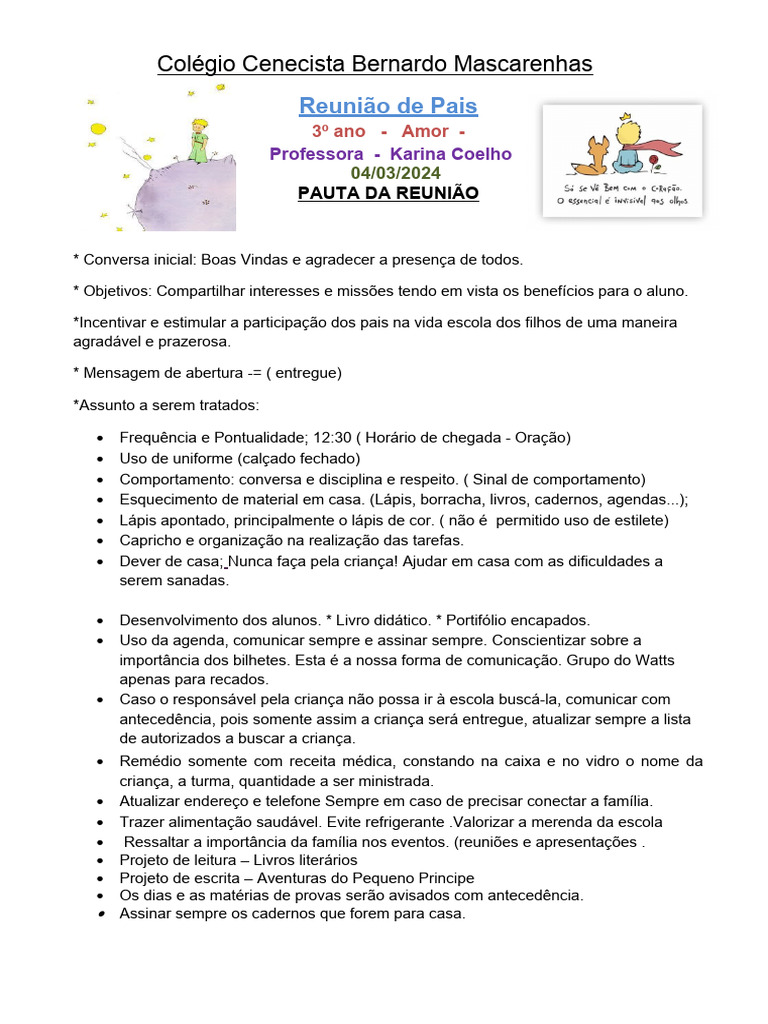Pauta de Reunião de Pais 2024 | PDF | Família