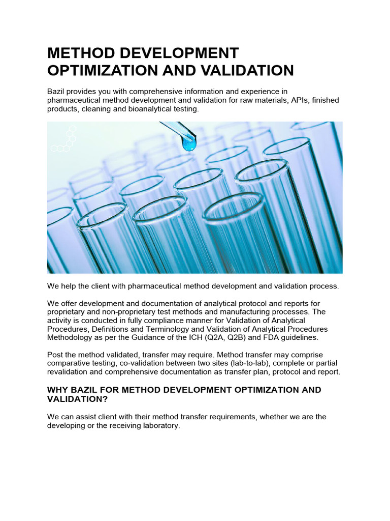 METHOD DEVELOPMENT OPTIMIZATION AND VALIDATION Services Bazil | PDF | Technology & Engineering