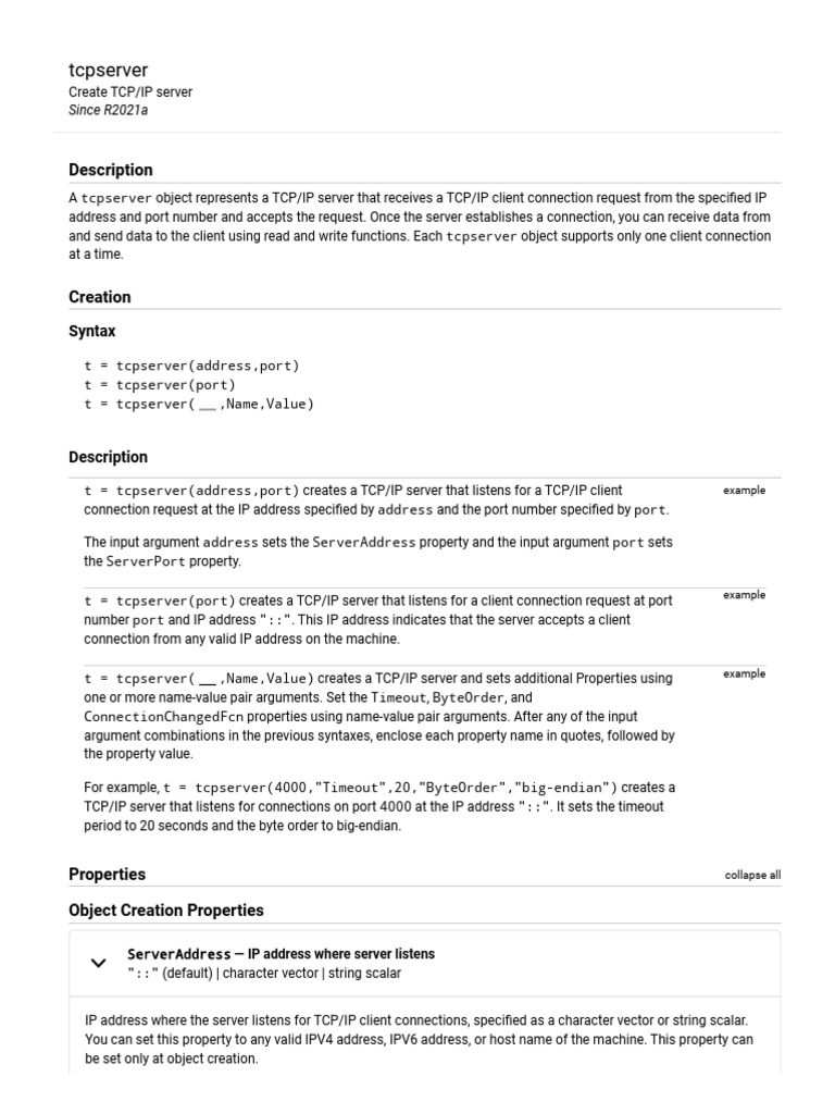 Create Tcp Ip Server Matlab Mathworks India Pdf Port Computer Networking Ip Address 5537