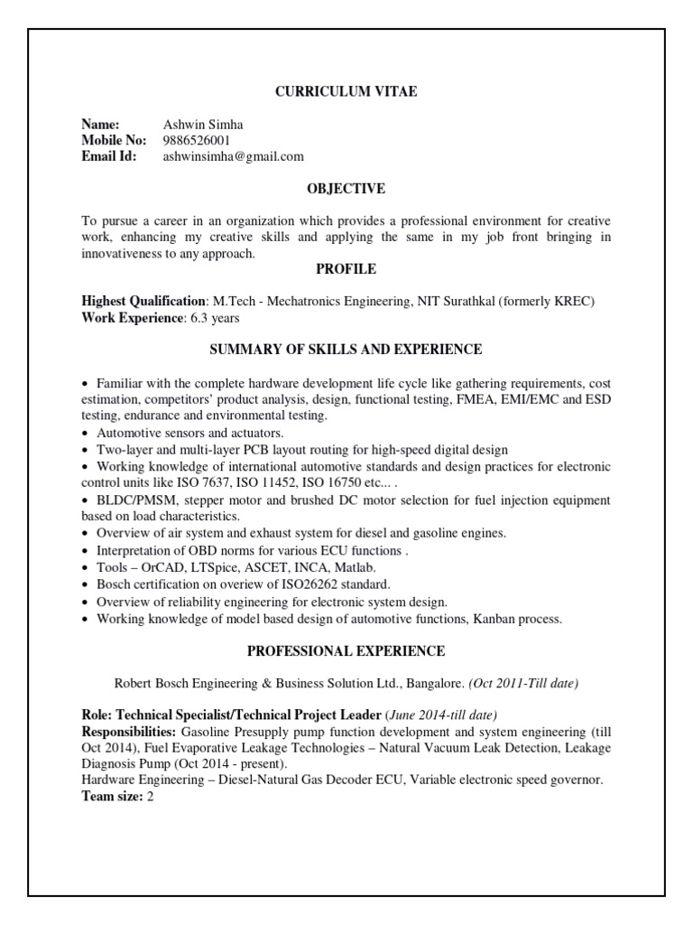 Mechatronics Engineer CV - Ashwin Simha | PDF