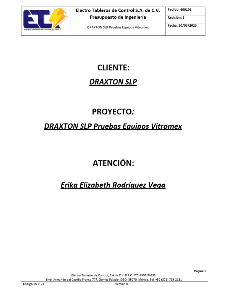 DRAXTON SLP Pruebas Equipos Vitromex Rev.1 | PDF | Presupuesto ...