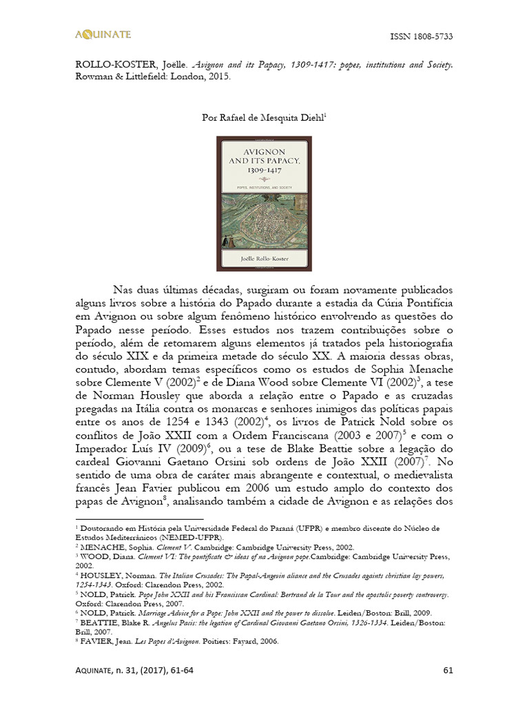 DIEHlL, R. M. - Resenha Do Livro Avignon and Its Papacy de ROLLO-KÖSTER ...