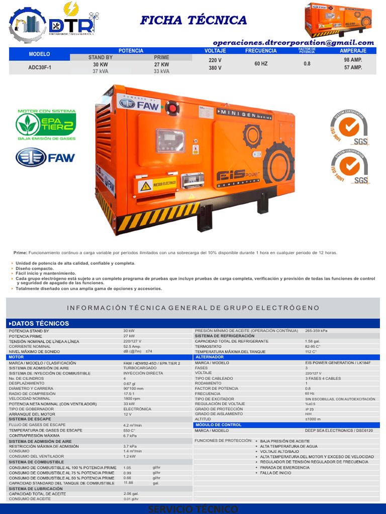 Ficha Técnica Generador Diesel 30kW | PDF