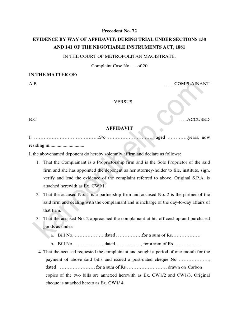 Evidence by Way of Affidavit - During Trial Under Sections 138 and 141 of The Nego | PDF ...