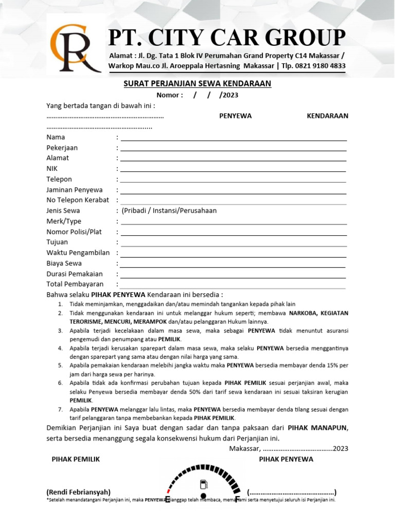 Surat Perjanjian Sewa Kendaraan 2023 | PDF