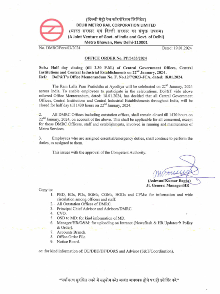 Half Day Closing On 22nd Jan, 2024 | PDF