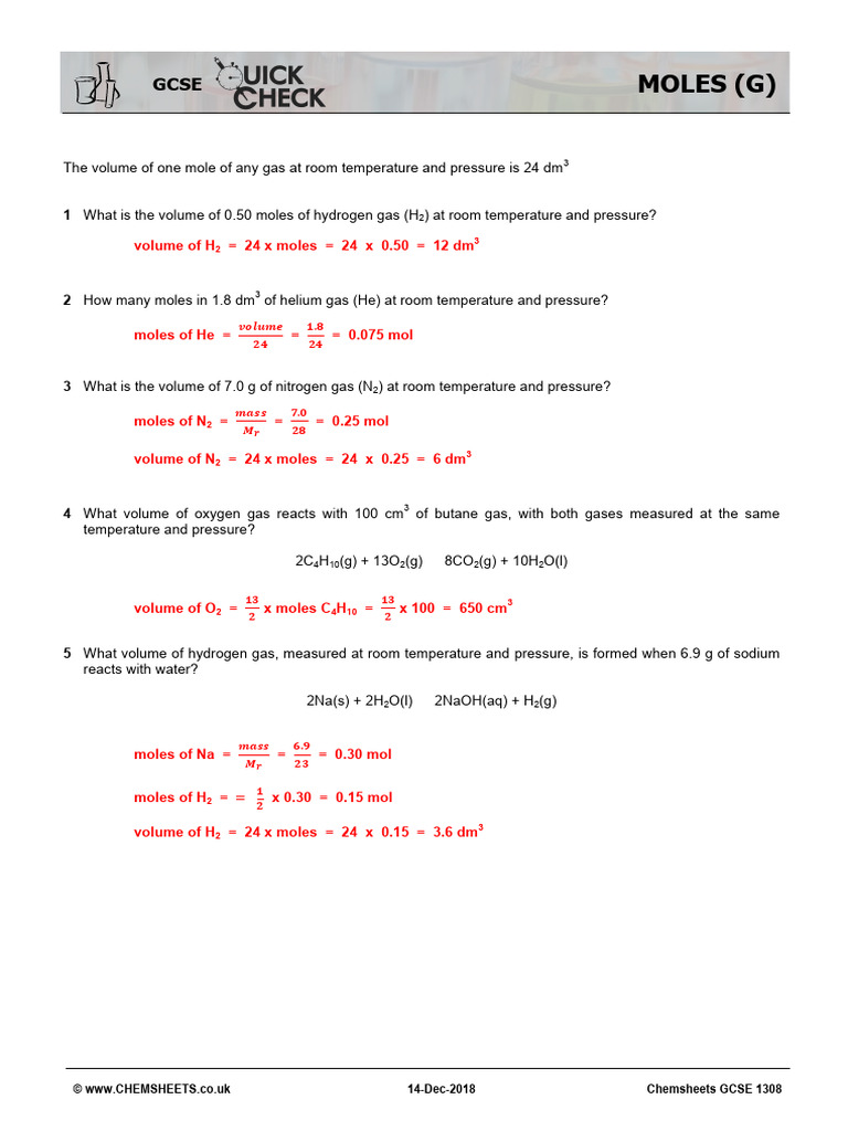 Answers Chemsheets Gcsemoles G | PDF