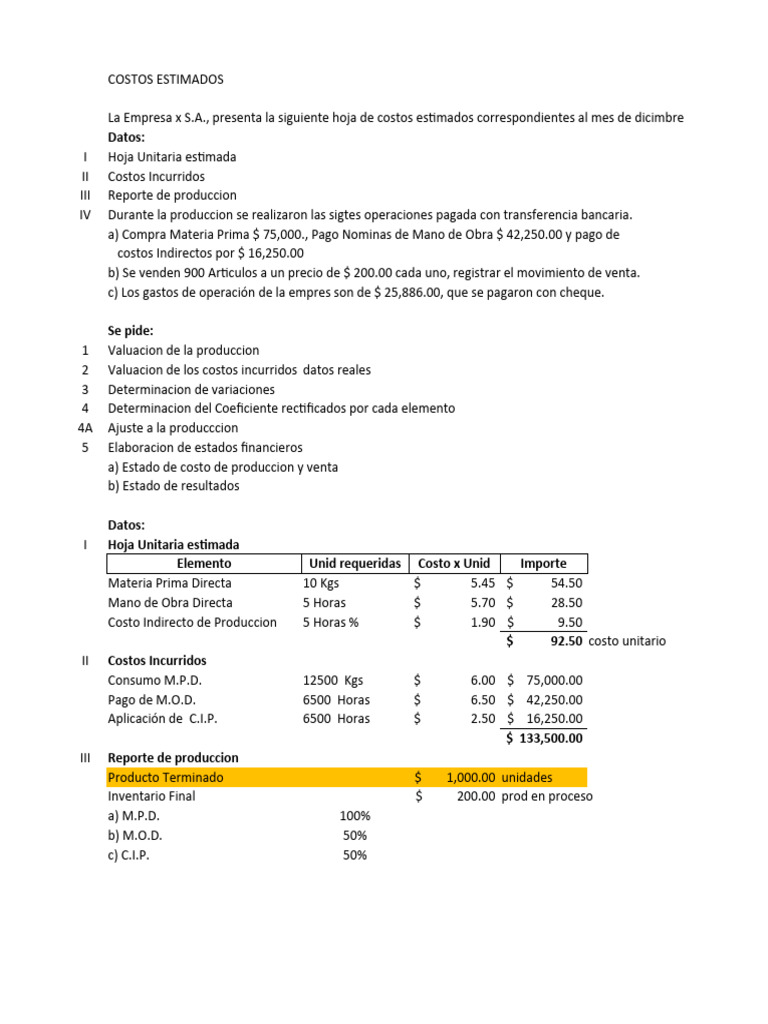 2 Costos Estimados PC A | Descargar gratis PDF | Contabilidad ...