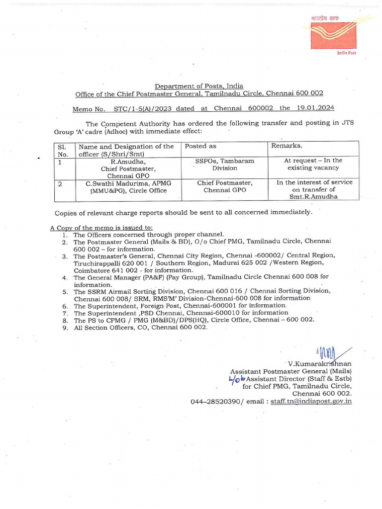 Transfer & Posting in JTS Group A Cadre (Ad Hoc) | PDF