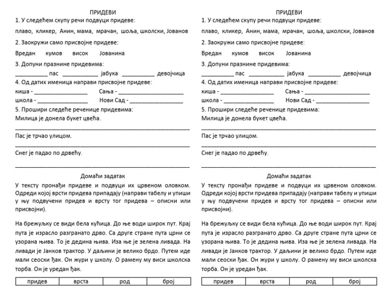 Pridevi Vezbanje 6 | PDF