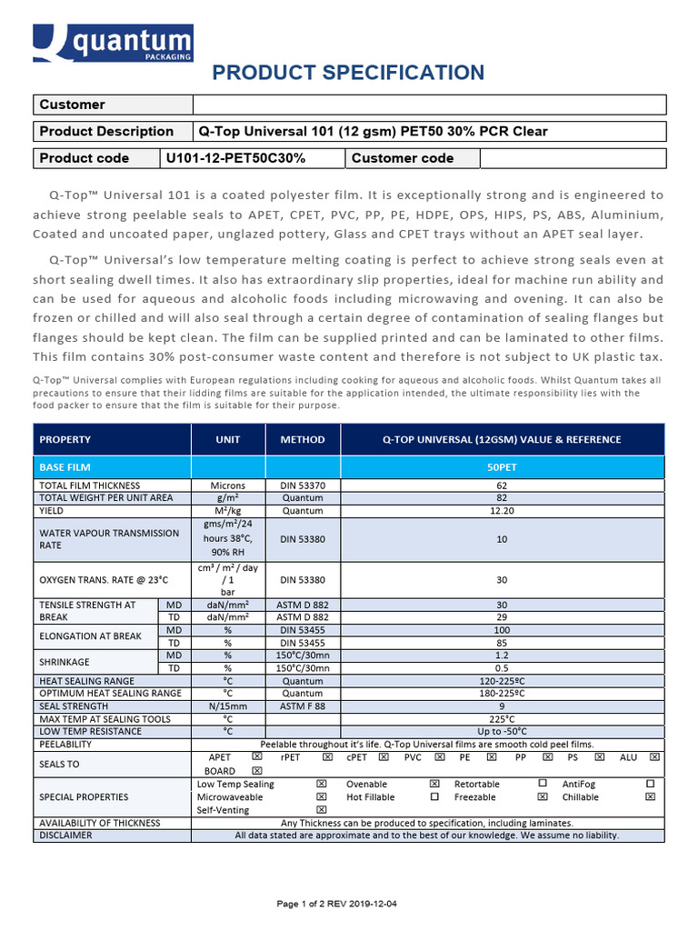 Q-Top Universal 101 12 GSM PET50 Clear 30 PCR - Technical Specification ...