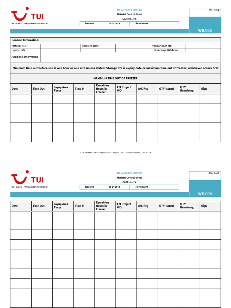 WS 005 Material Control SHeet | PDF | Civil Aviation | Airlines