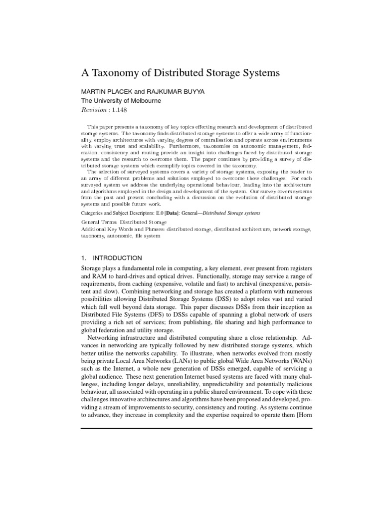 Distributed Storage Taxonomy | PDF | Peer To Peer | Database Transaction