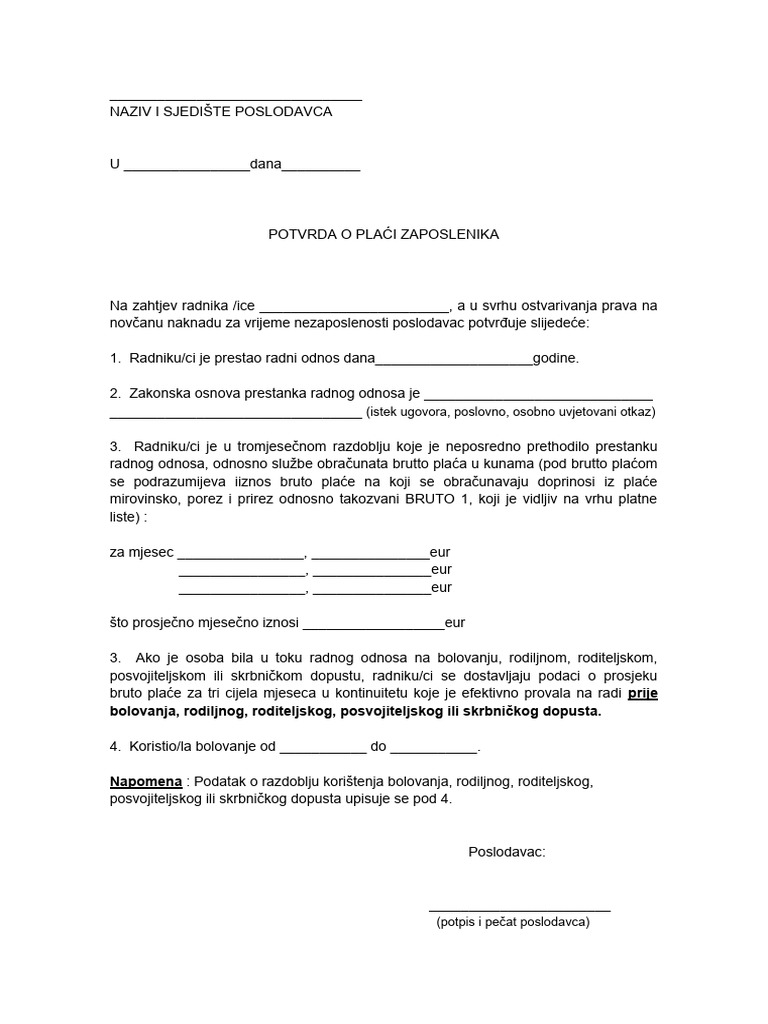 HZZ-Potvrda o Plaći | PDF