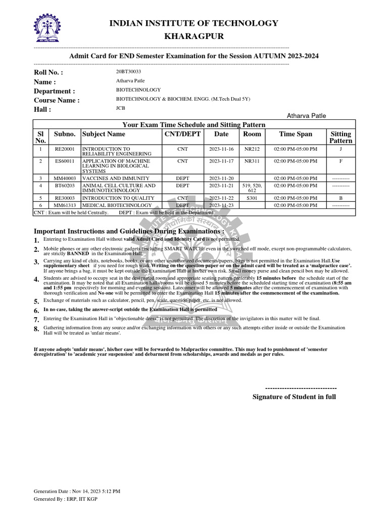 Student Admit Card | PDF