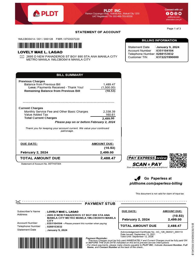 PLT Soa Bill Statement | PDF | Cheque | Value Added Tax