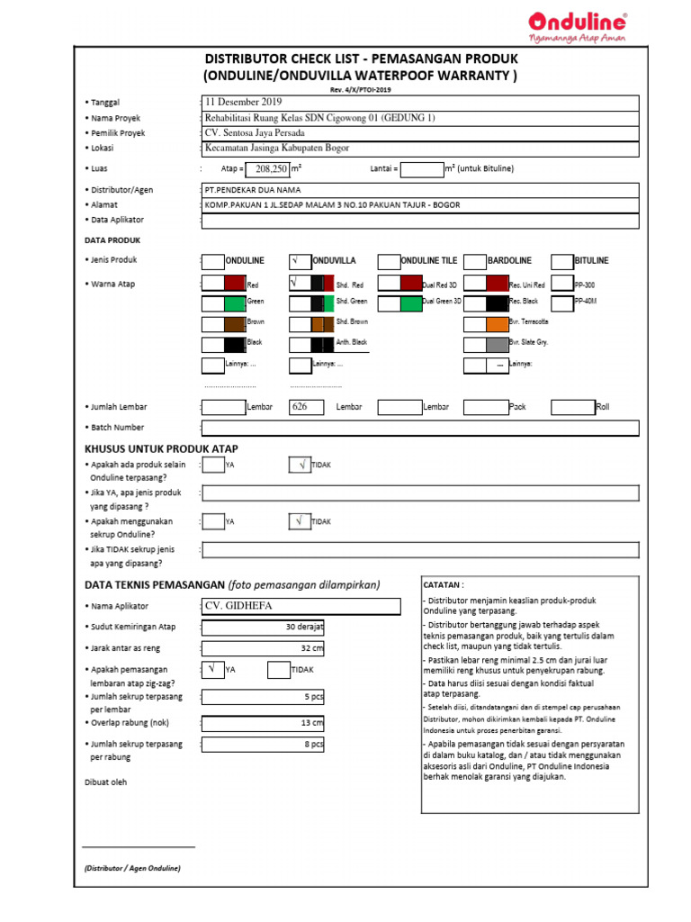 CHECK LIST GARANSI ONDULINE Cigowong 01 | PDF