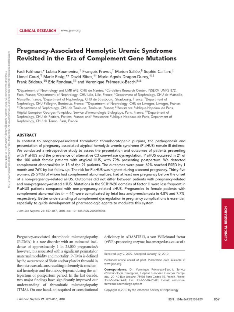 Fakhouri 2010 JASN Pregnancy-Associated Hemolytic Uremic Syndrome ...