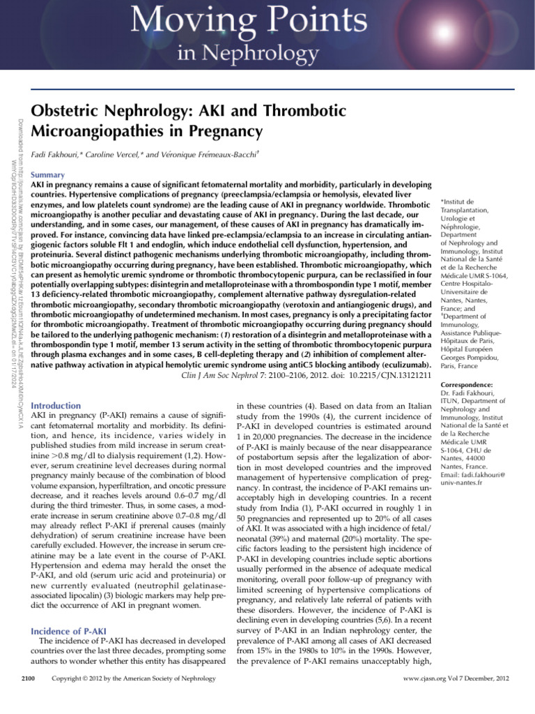 Fakhouri CJASN 2012 AKI and Thrombotic Microangiopathies in Pregnancy ...