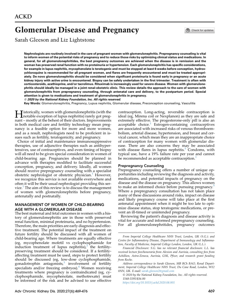 Gleeson 2020 ACKD Glomerular Disease and Pregnancy | PDF