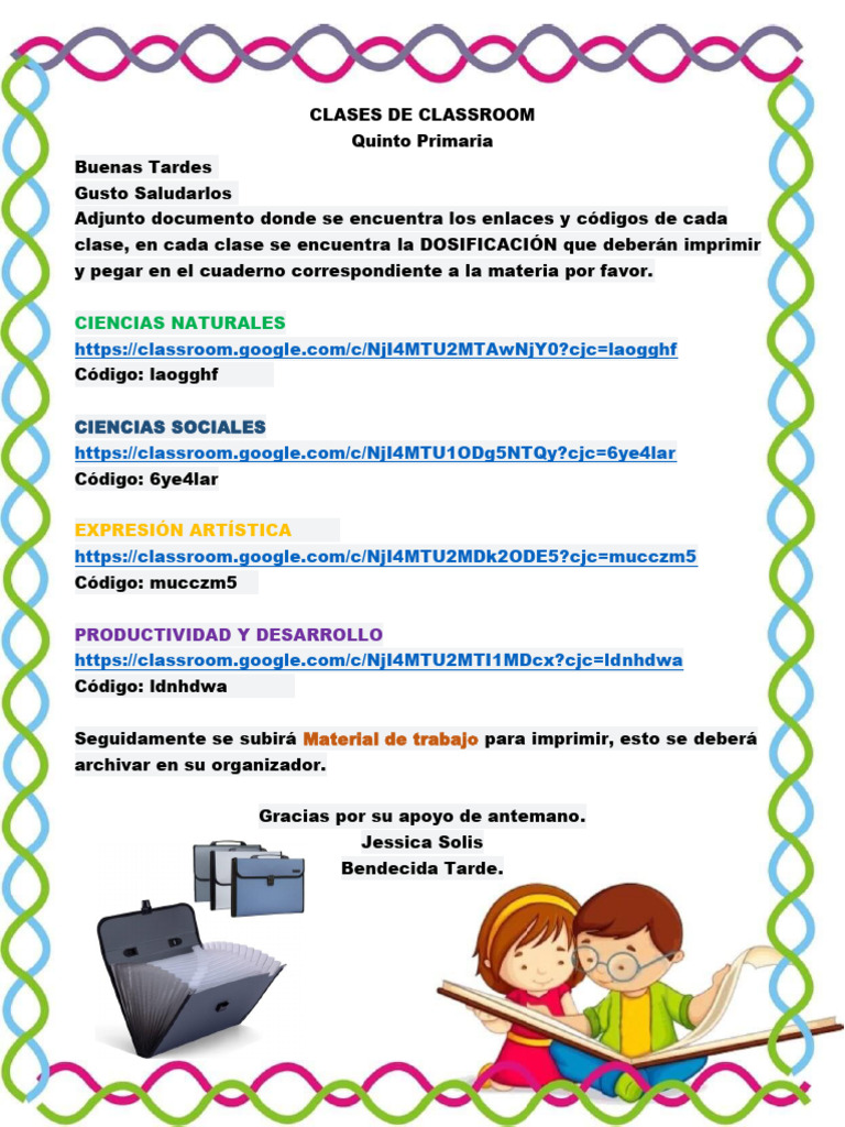 Enlaces y Códigos Clases Quinto Primaria | PDF | Crecimiento personal y profesional | Arte