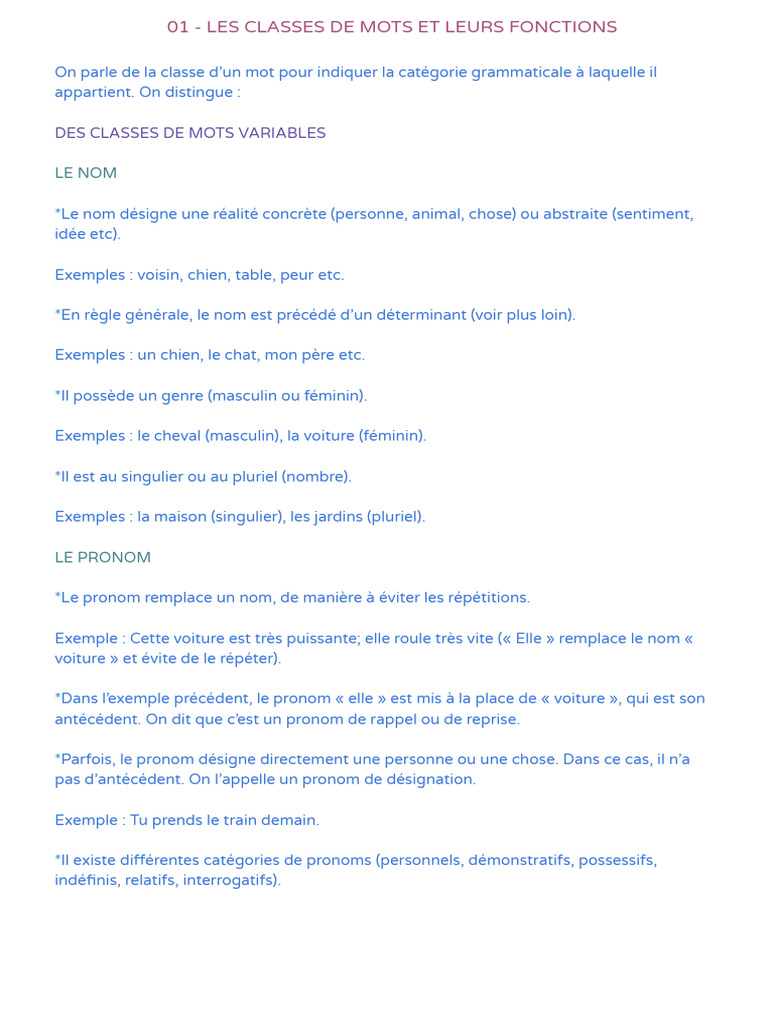 Classes de mots et leurs fonctions grammaticales | PDF | Genre ...