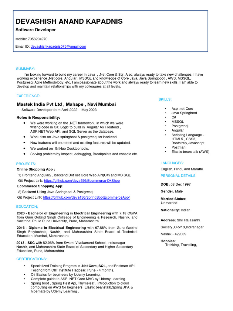 Devashish Kapadnis Resume | PDF | Microsoft Sql Server | Java Script