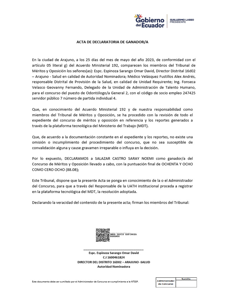 Acta Declaratoria de Ganador SARAY SALAZAR Signed Signed | PDF | Gobierno | Justicia