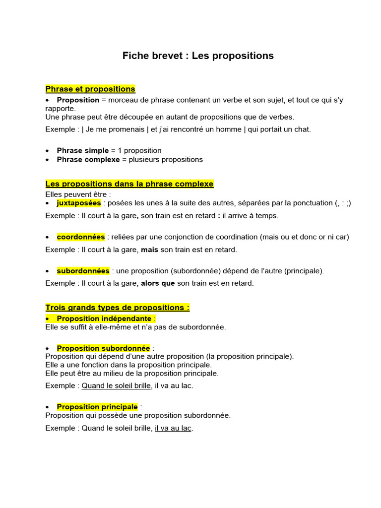 Fiche sur les propositions en français | PDF | Clause | Phrase