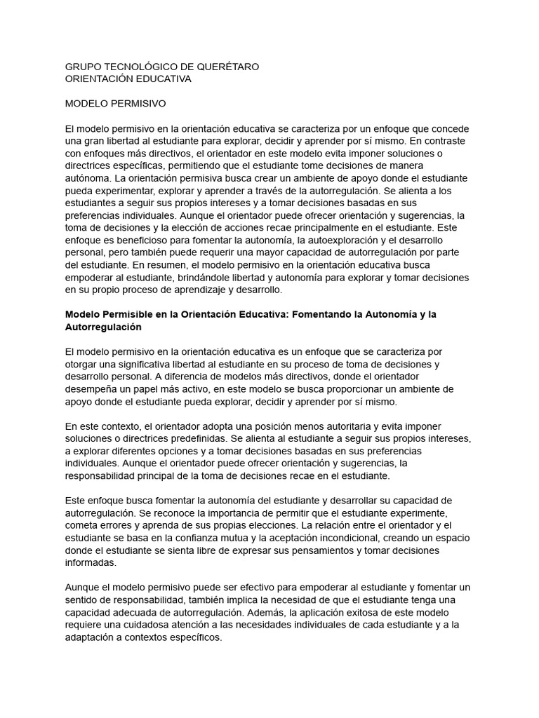Orientación Educativa #6, Modelo Permisivo. | PDF