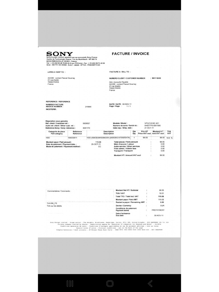 Facture Sony | PDF