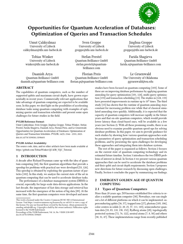 Opportunities For Quantum Acceleration of Databases: Optimization of Queries and Transaction ...