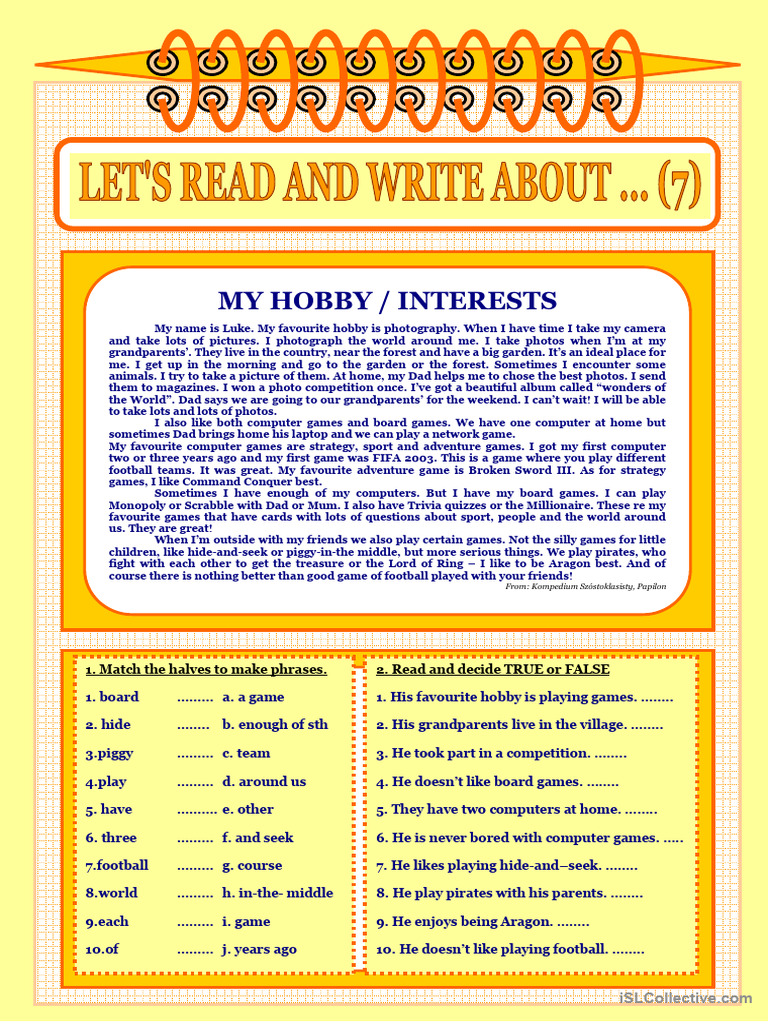 Let's Read and Write About ... (7) - My Hobby and Favourite Activities. | PDF