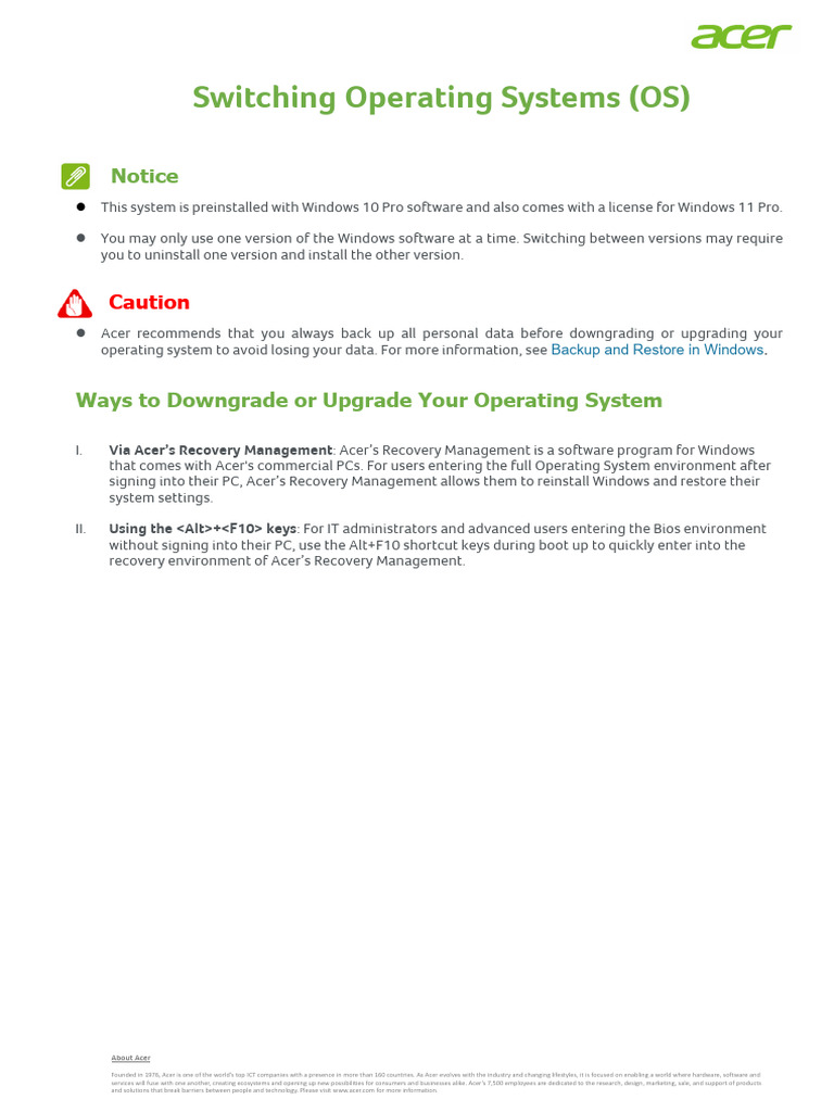 Switching OS Guide - Acer - 1.0 - A - A | PDF | Windows 10 | Microsoft Windows