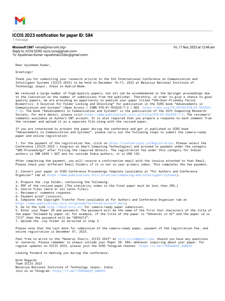 Gmail - ICCIS 2023 Notification For Paper ID - 584 | PDF | Computing | Software