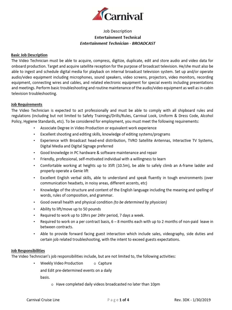 Job Description - Broadcast Technician | PDF | Broadcasting | Video Job Description - Broadcast Technician | PDF | Broadcasting | Video