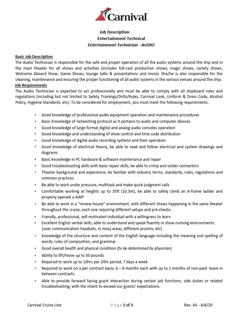 Audio Technician Job Description | PDF | Audio Engineer | Electronics