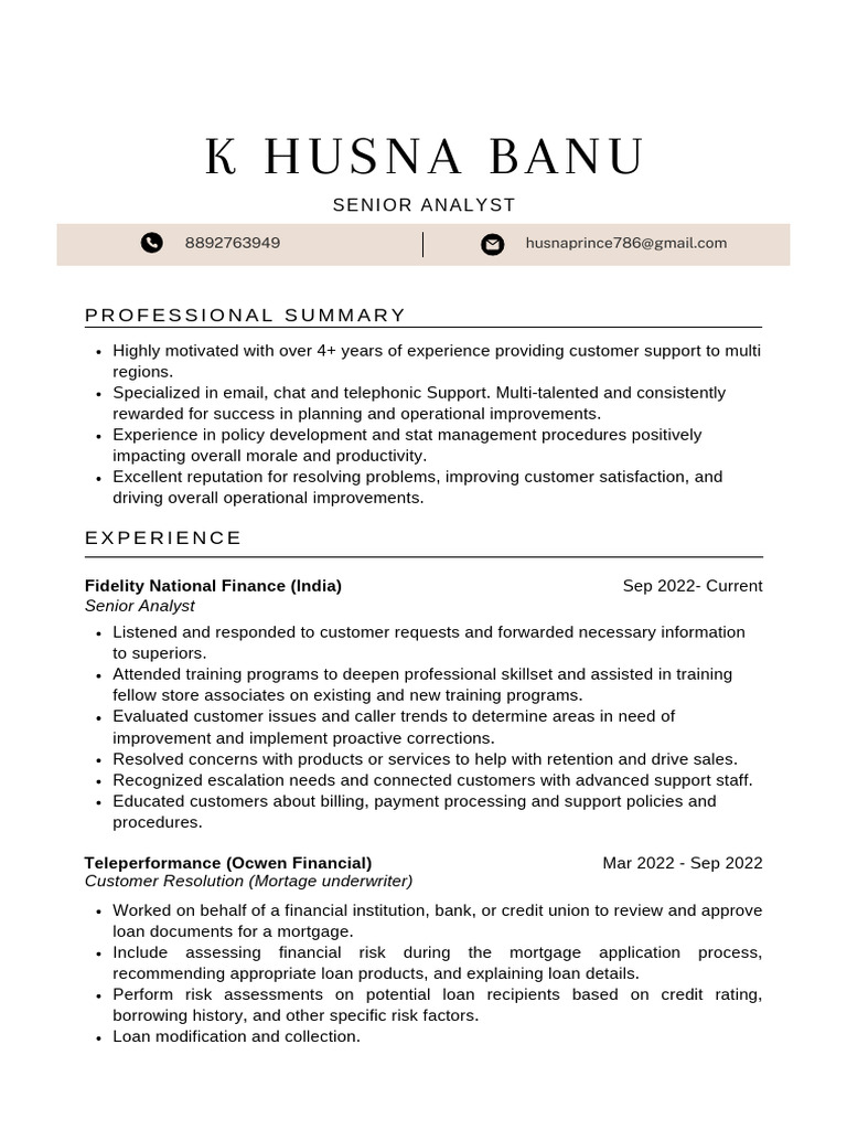 Husna Banu: Customer Support Analyst | PDF | Financial Analyst ...