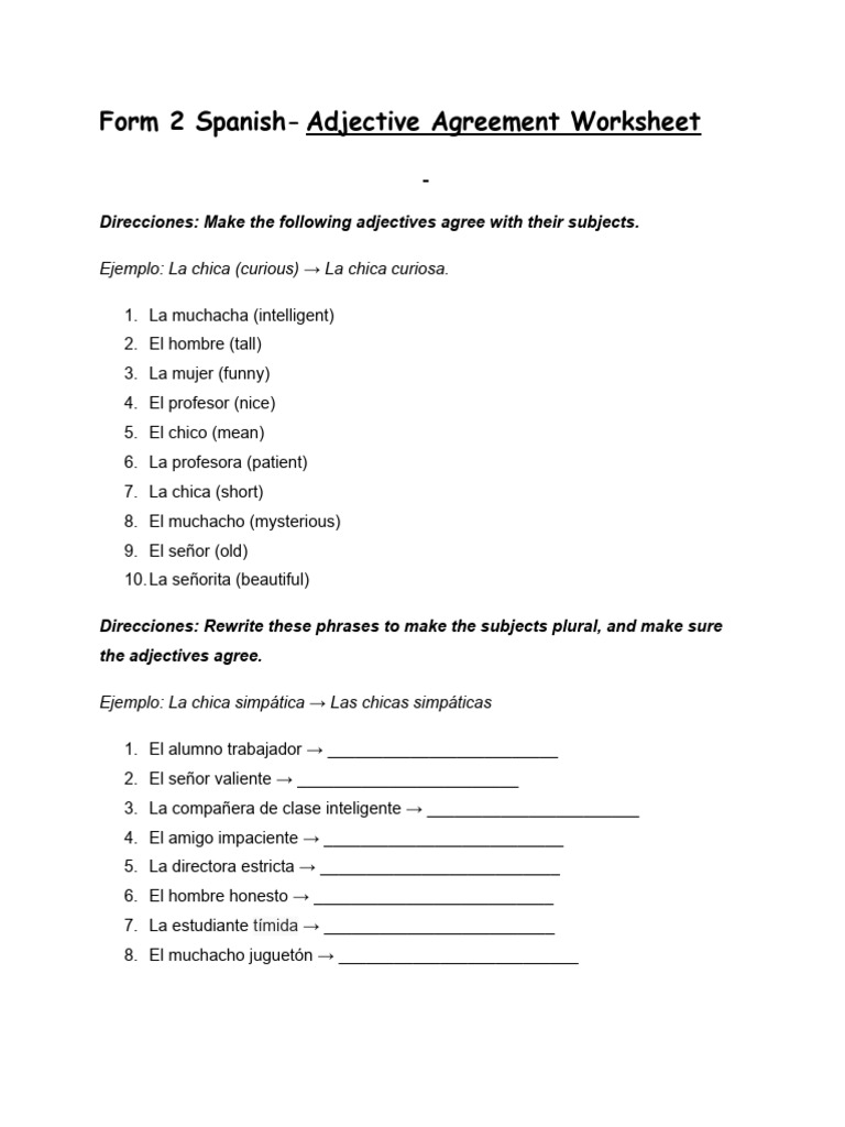 Adjective Agreement Worksheet | PDF | Artes del Lenguaje y Comunicación ...