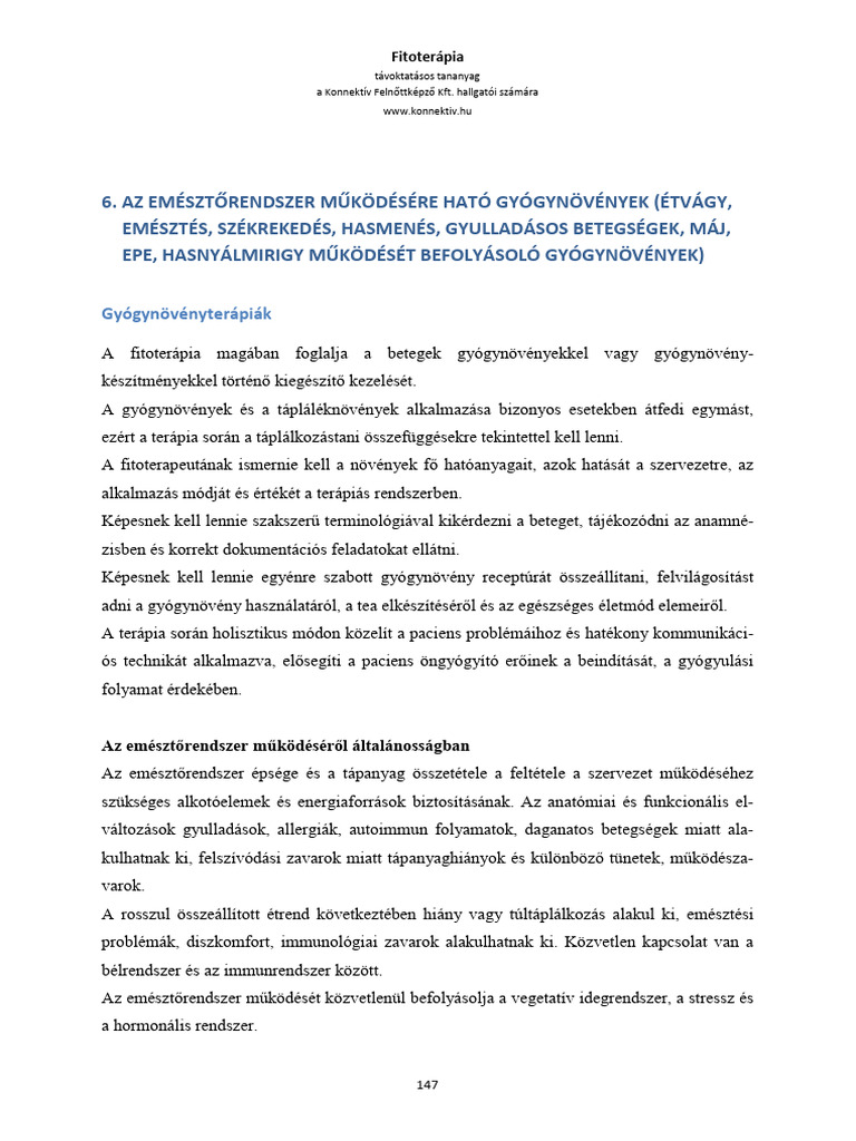 Tankönyv Az Emésztőrendszer Működésére Ható Gyógynövények | PDF